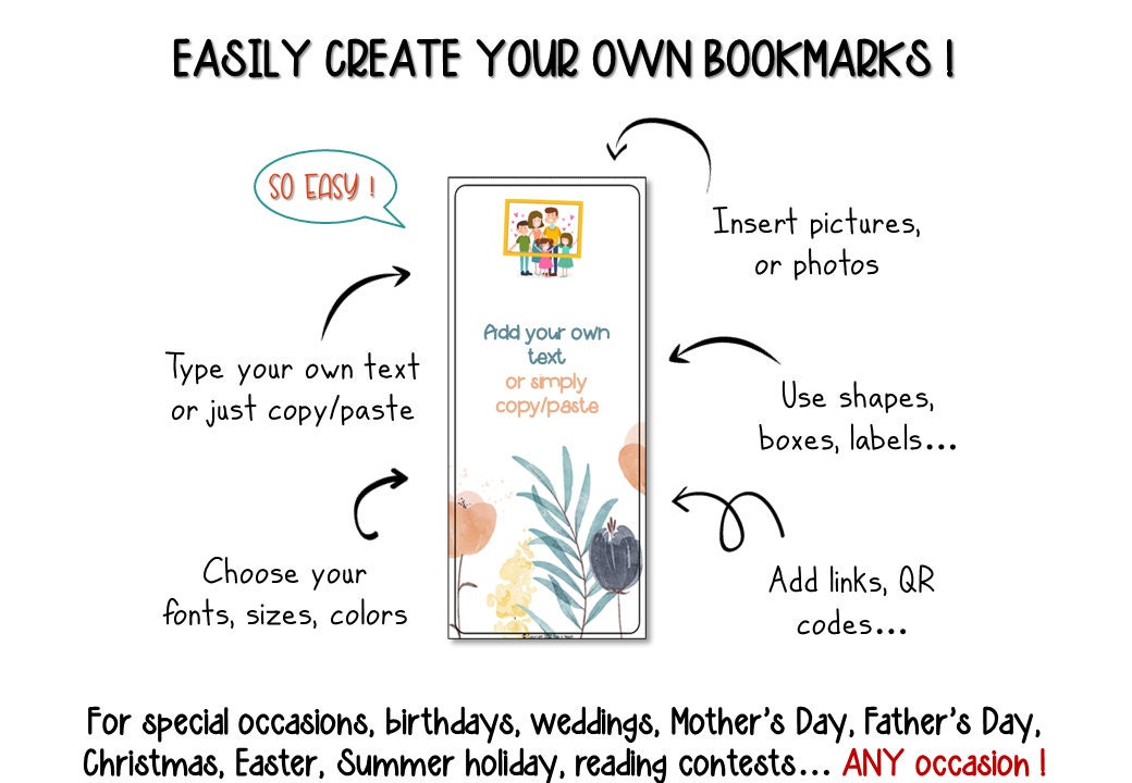 Editable BOOKMARK Templates With Flowers - Personalize With Your Own ...