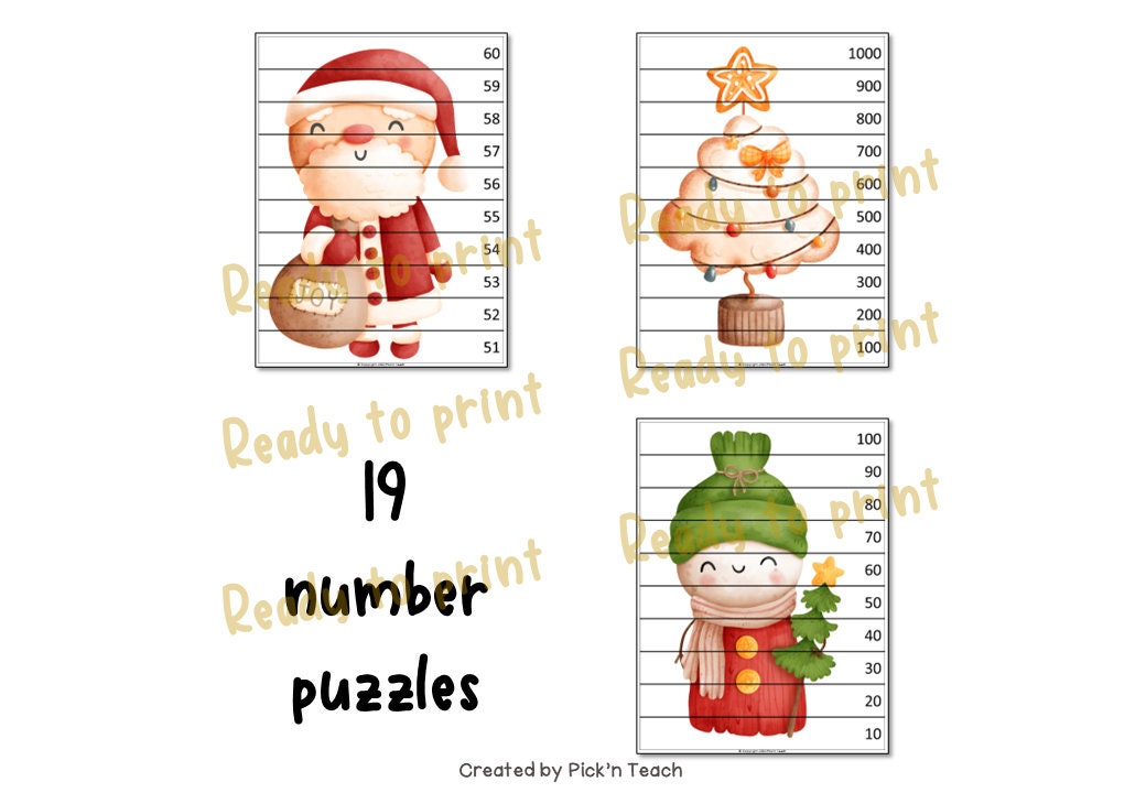 Christmas NUMBER PUZZLES to Learn Counting by 1s, 2s, 3s, 5s, 10s, 50s ...