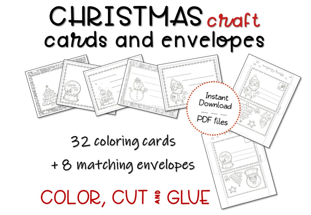 Coloring Christmas Cards + Matching Envelopes - PRINTABLE - Print ...