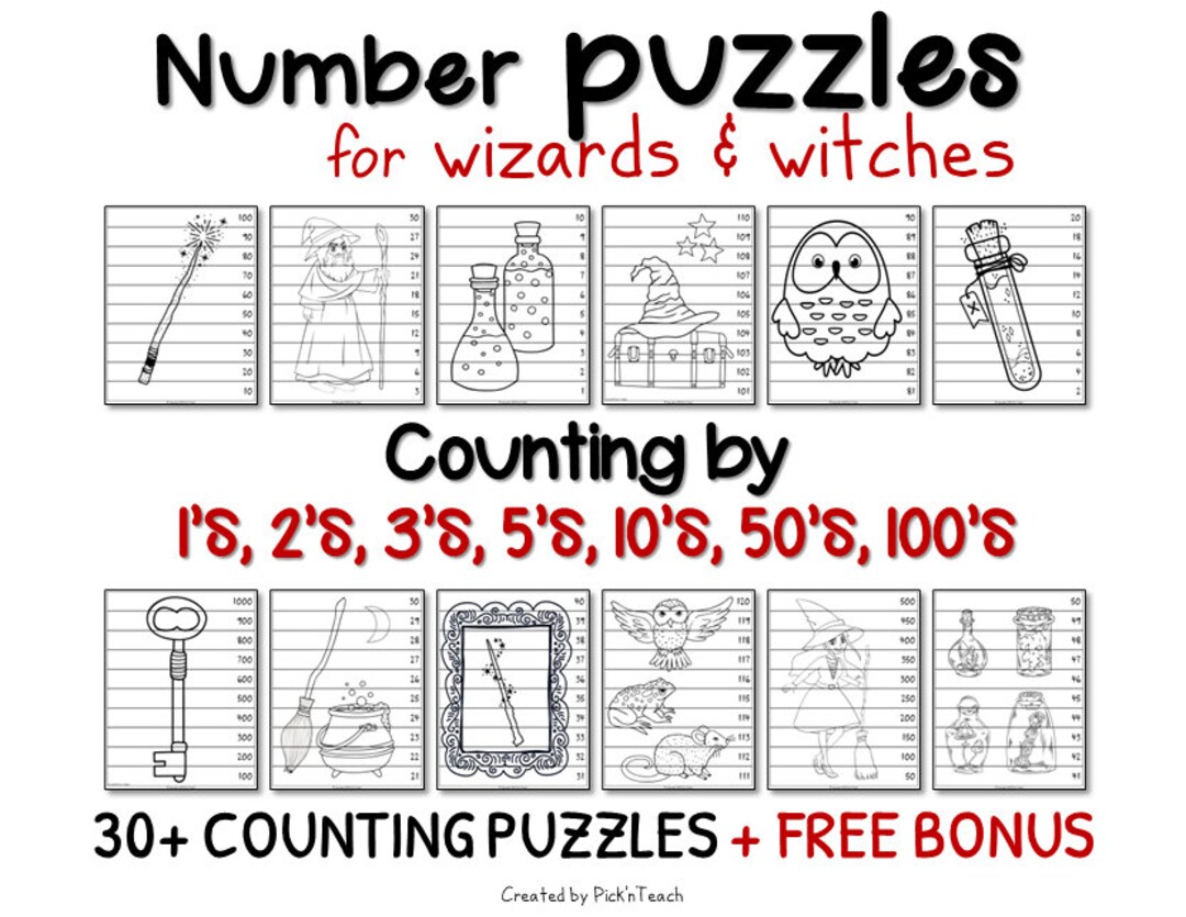 Number PUZZLES for Wizards to Learn Counting by 1s, 2s, 3s, 5s, 10s ...