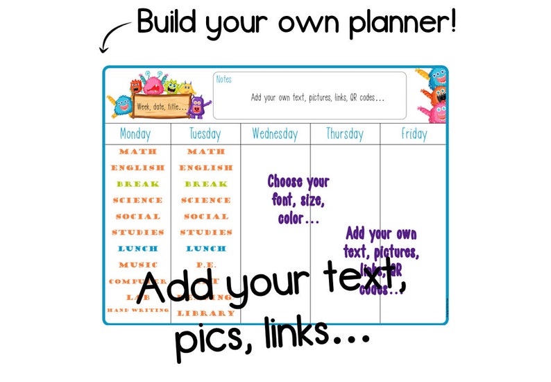 30 EDITABLE Weekly Planner Templates "cute Fluffy Monsters" Organize ...