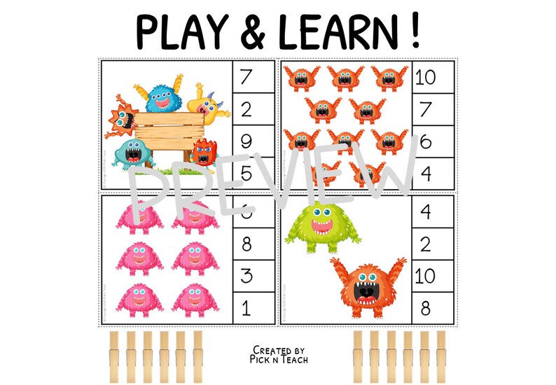 Monster Counting Clip Cards 1-10 | Preschool Montessori (digital ...