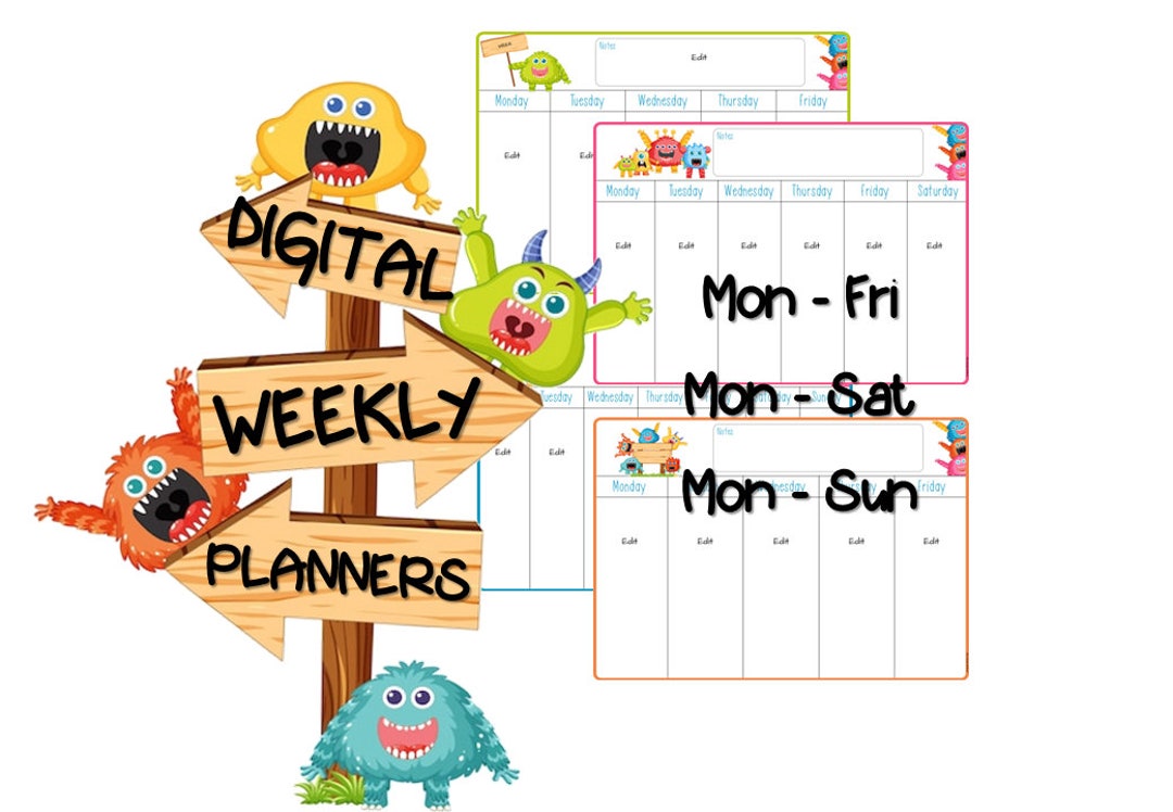 30 EDITABLE Weekly Planner Templates "cute Fluffy Monsters" Organize ...