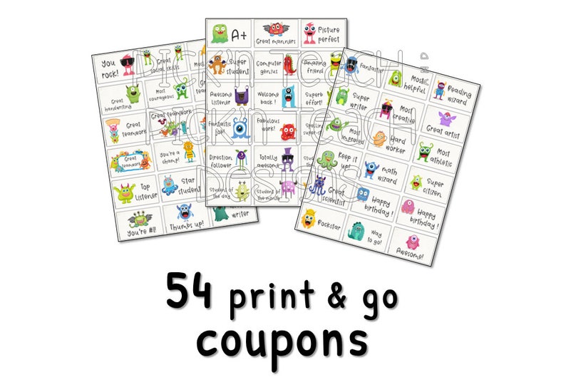 EDITABLE Reward Coupons "cute Monsters" 54 Print & Go Coupons + 18 ...