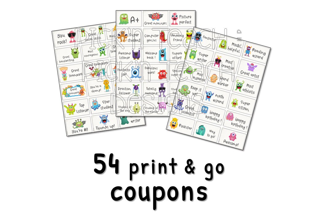 EDITABLE Reward Coupons "cute Monsters" 54 Print & Go Coupons + 18 ...