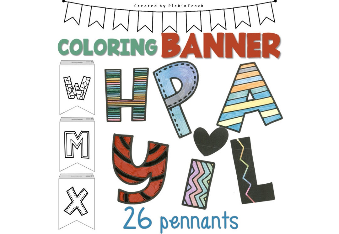 Printable Coloring BANNER With 26 Letter Pennants - Instant Download ...