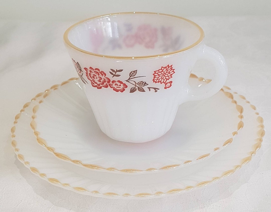 Vintage Termocrisa Pyrex Milk Glass Trio - Red Flowers and Gold Trim - Etsy