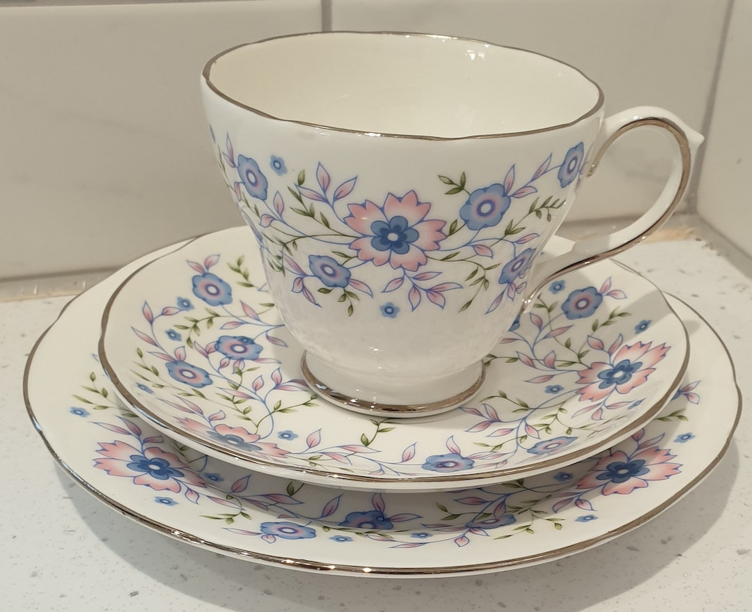 Vintage Royal Sutherland Bone China Trio in Pink and Lavender Flowers ...