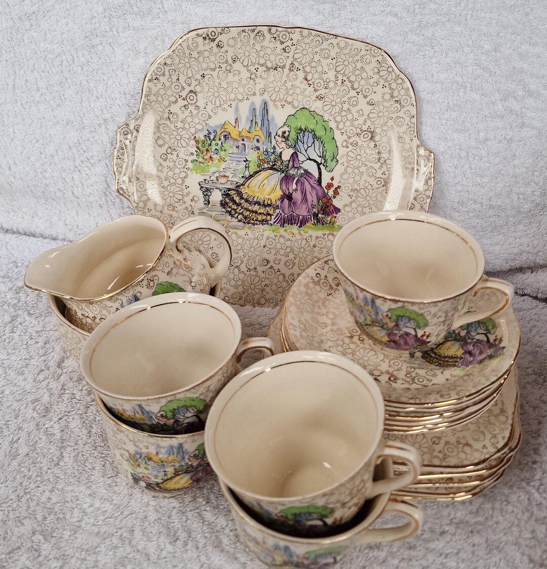 Art Deco H & K Tunstall Pottery Tea Items in Crinoline Lady Pattern. - Etsy
