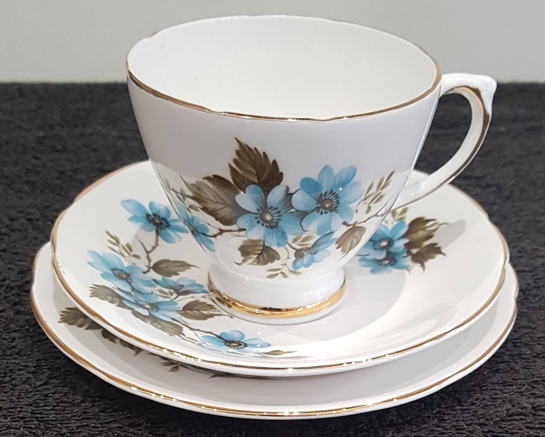 Vintage Sutherland Bone China Trio in Lovely Turquoise Flowers Pattern ...