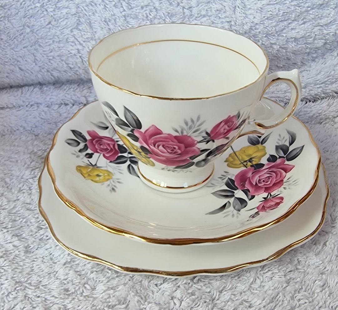 Royal Vale Bone China Trio in a Pink and Yellow Roses Pattern, Square ...