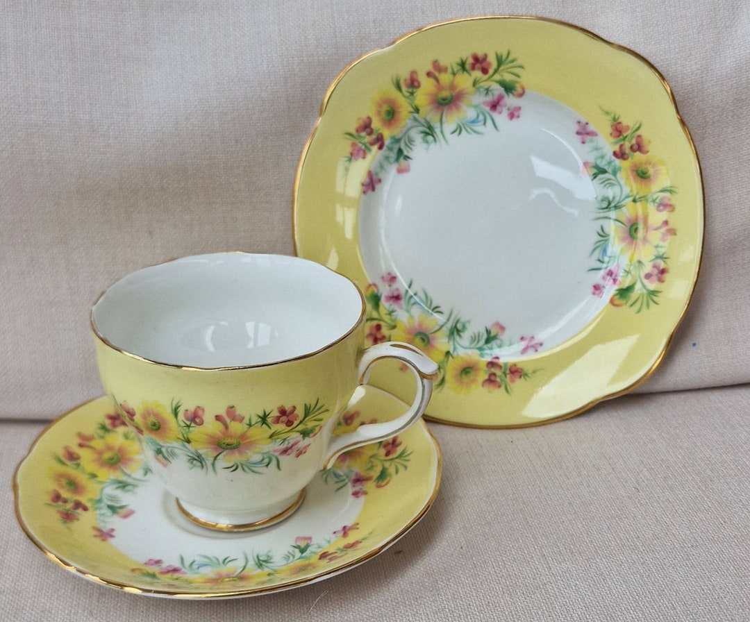 Duchess Bone China Trio - Spring Flowers and Yellow Border Pattern - Etsy
