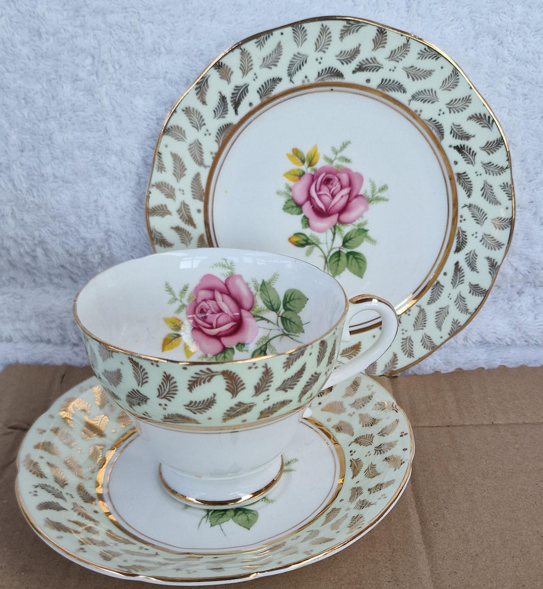 Ashley Bone China 22kt Gold Trio Green and Gilt Border, Pink Rose ...