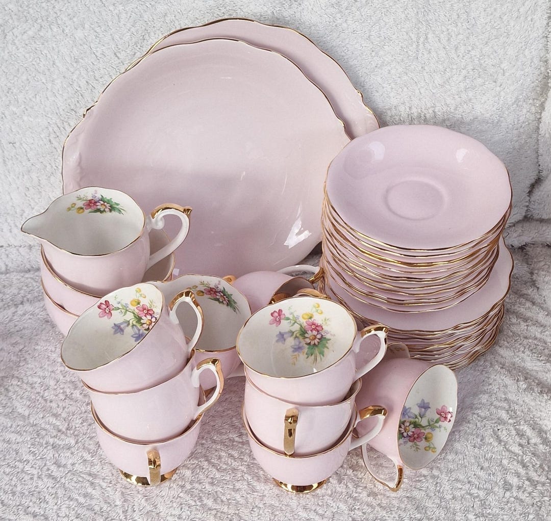 Queen Anne Bone China Tea Items - Pink and Gold With Flower Inside ...