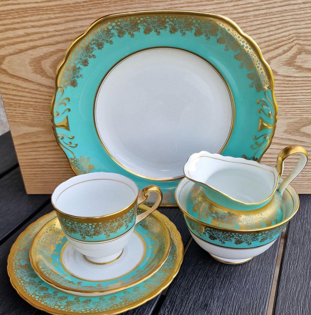 Vintage New Chelsea Bone China Tea Items - Teal Border, Heavy Gilt ...