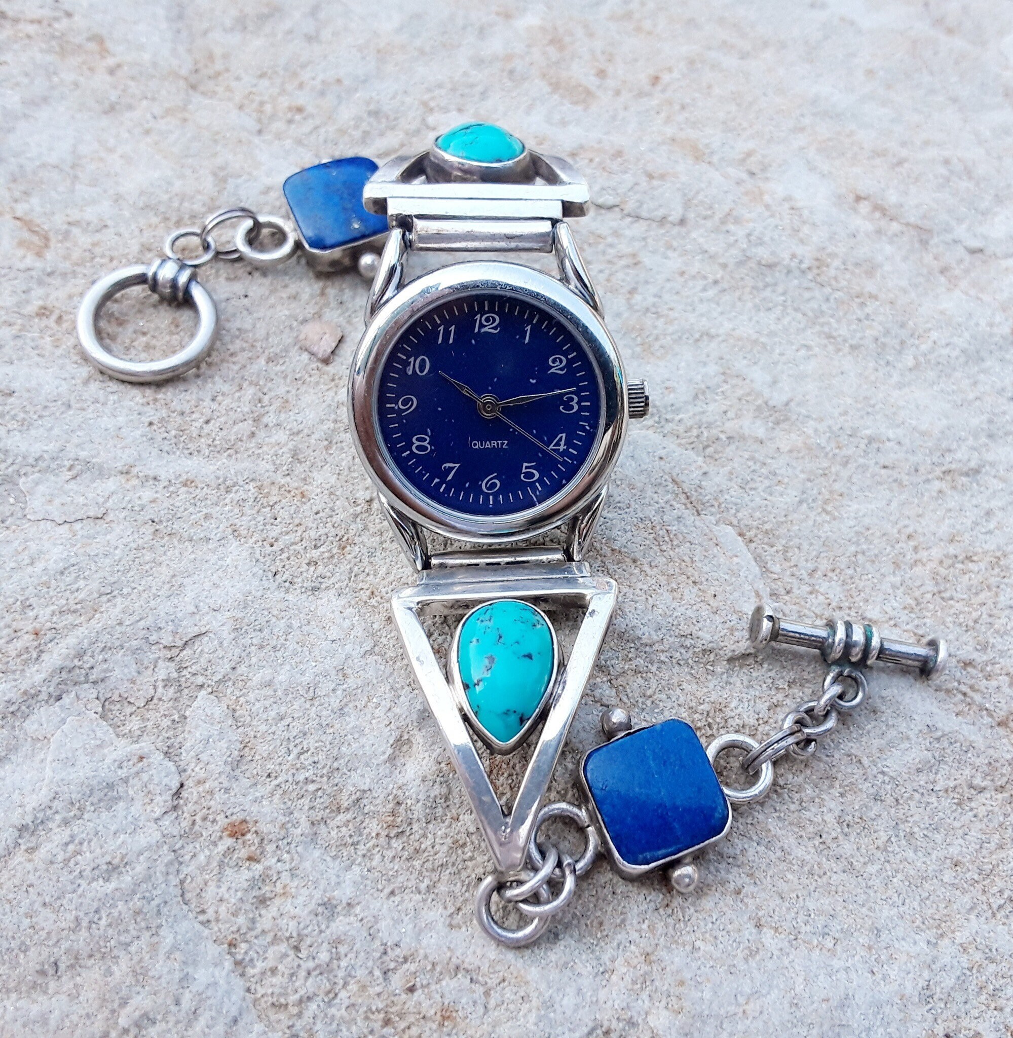 Vintage Navajo Lapis & Turquoise Sterling Silver Watch Link Bracelet - Etsy