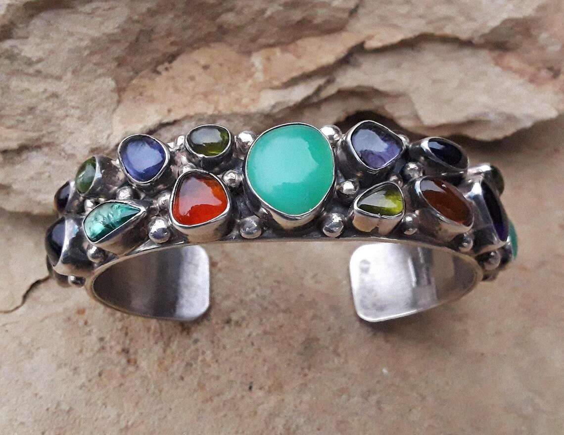 Navajo Multi Stone Cluster Cuff Bracelet Sterling Silver Handmade by ...