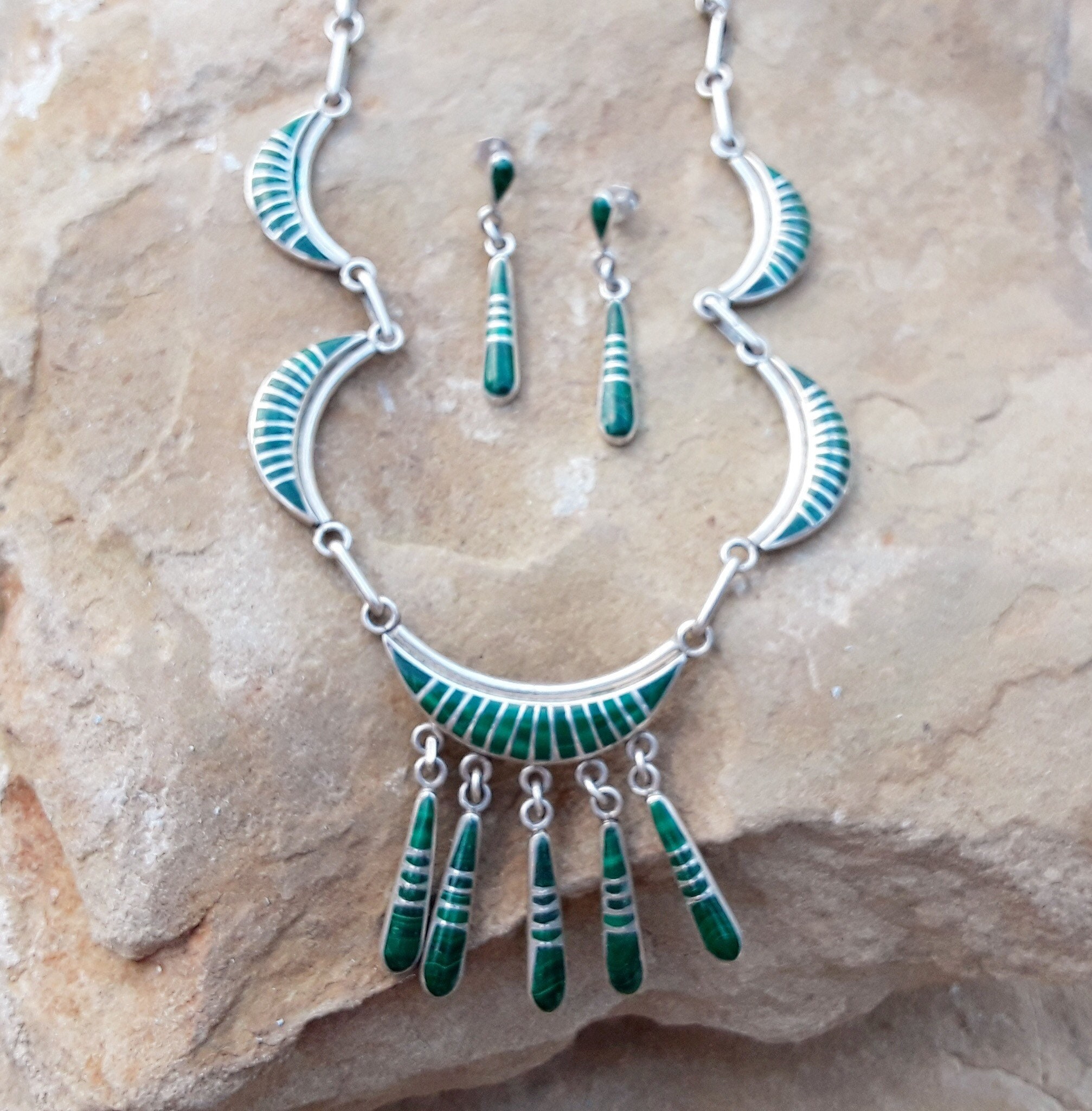 Zuni Crescent Moon Inlay Necklace and Earrings Made With Malachite ...