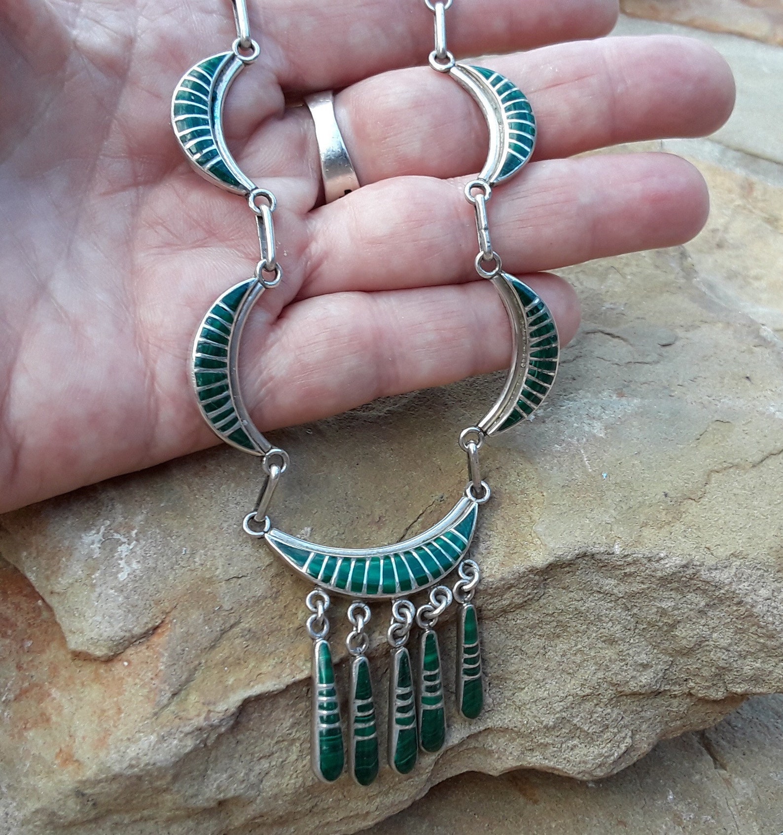 Zuni Crescent Moon Inlay Necklace and Earrings Made With Malachite ...