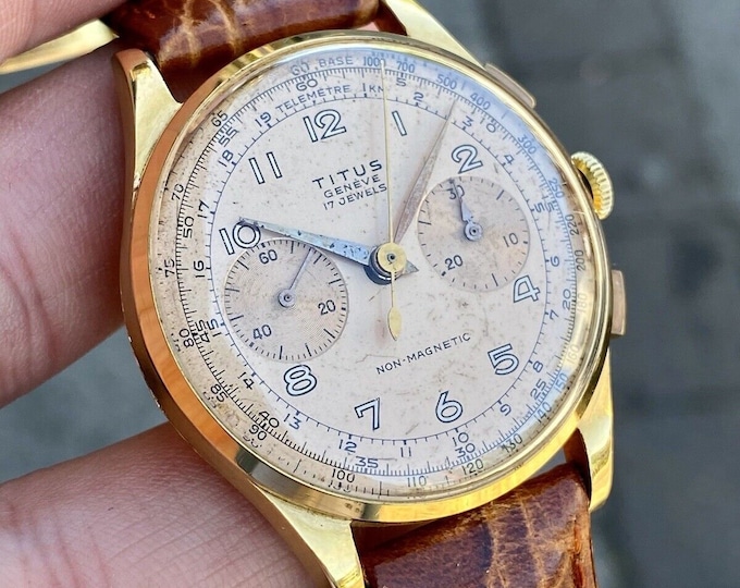 Titus Solvil et chronograph 18K 750 Rose Gold Landeron 48 Vintage ...