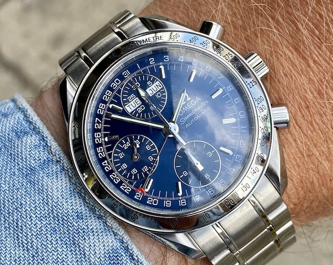 Omega Speedmaster 38mm Reduced Triple Date Blue Dial Mens vintage card ...