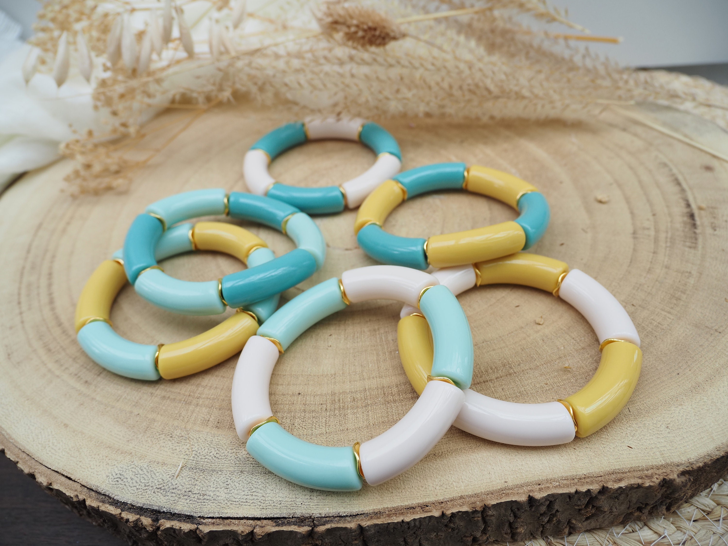 Bracelet jonc bicolore MAELLE / grosses perles tubes en résine ...