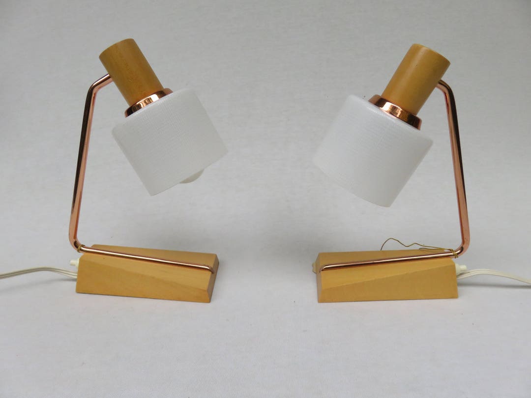 1 Pair of Bedside Lamps, Labeled TEMDE, 50s/60s, Copper, Glass, Light ...