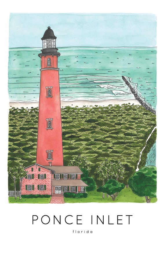 Ponce Inlet Lighthouse Watercolor Illustration Print | Etsy