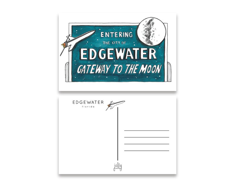 Edgewater, Florida Gateway to the Moon Watercolor Illustration Postcard ...