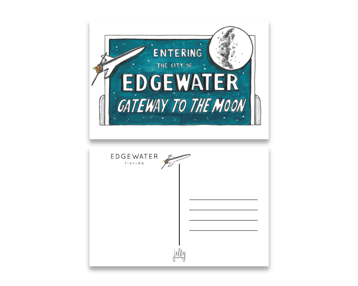 Edgewater, Florida Gateway to the Moon Watercolor Illustration Postcard ...