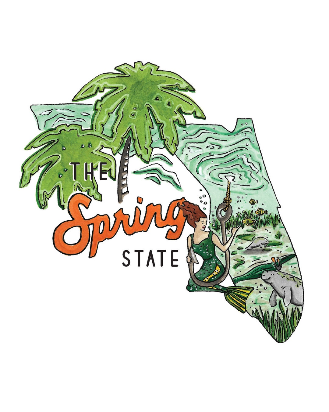 Watercolor Illustration 'the Springs State' Florida Manatee and Weeki ...