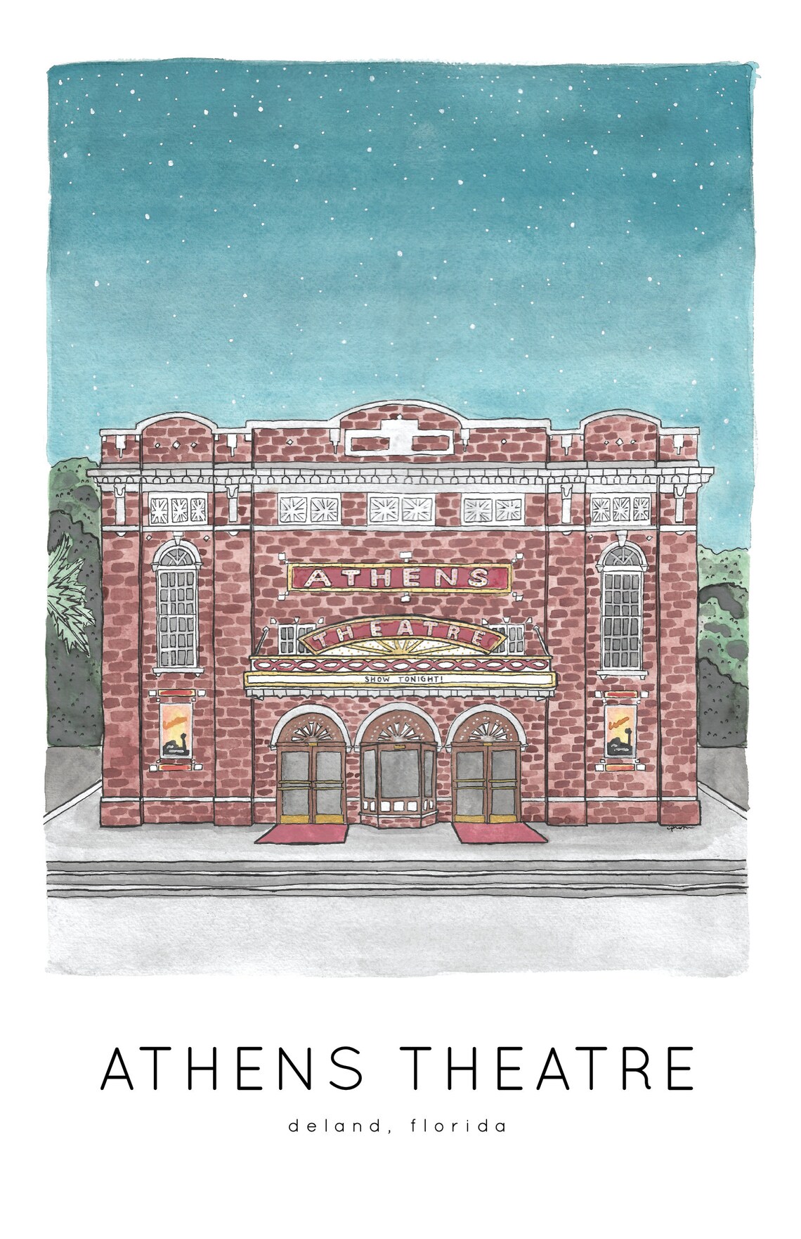 Watercolor Illustration Print of Athens Theatre Deland - Etsy