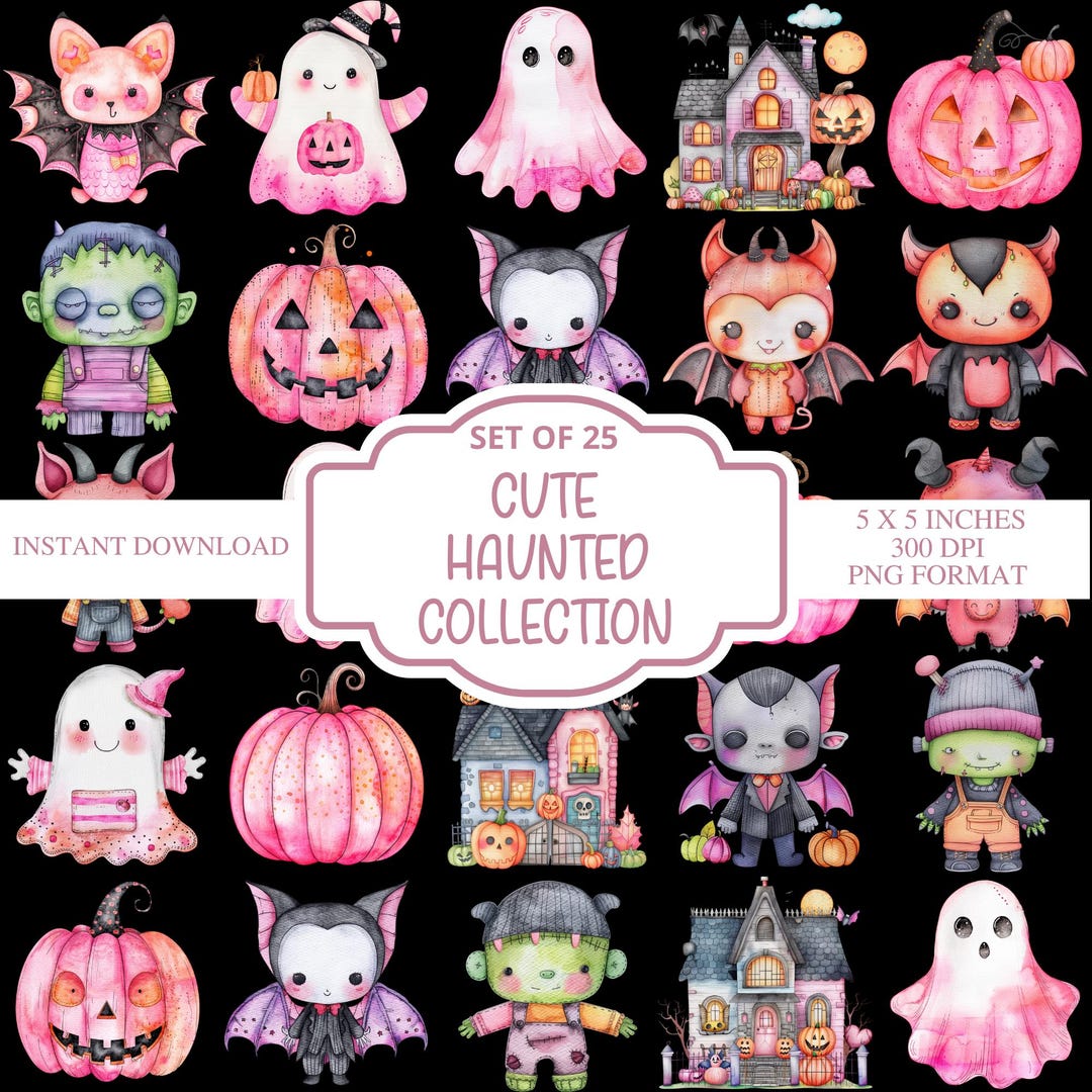 Cute Haunted Halloween Monster Clipart PNG Files Set of 25, Adorable ...