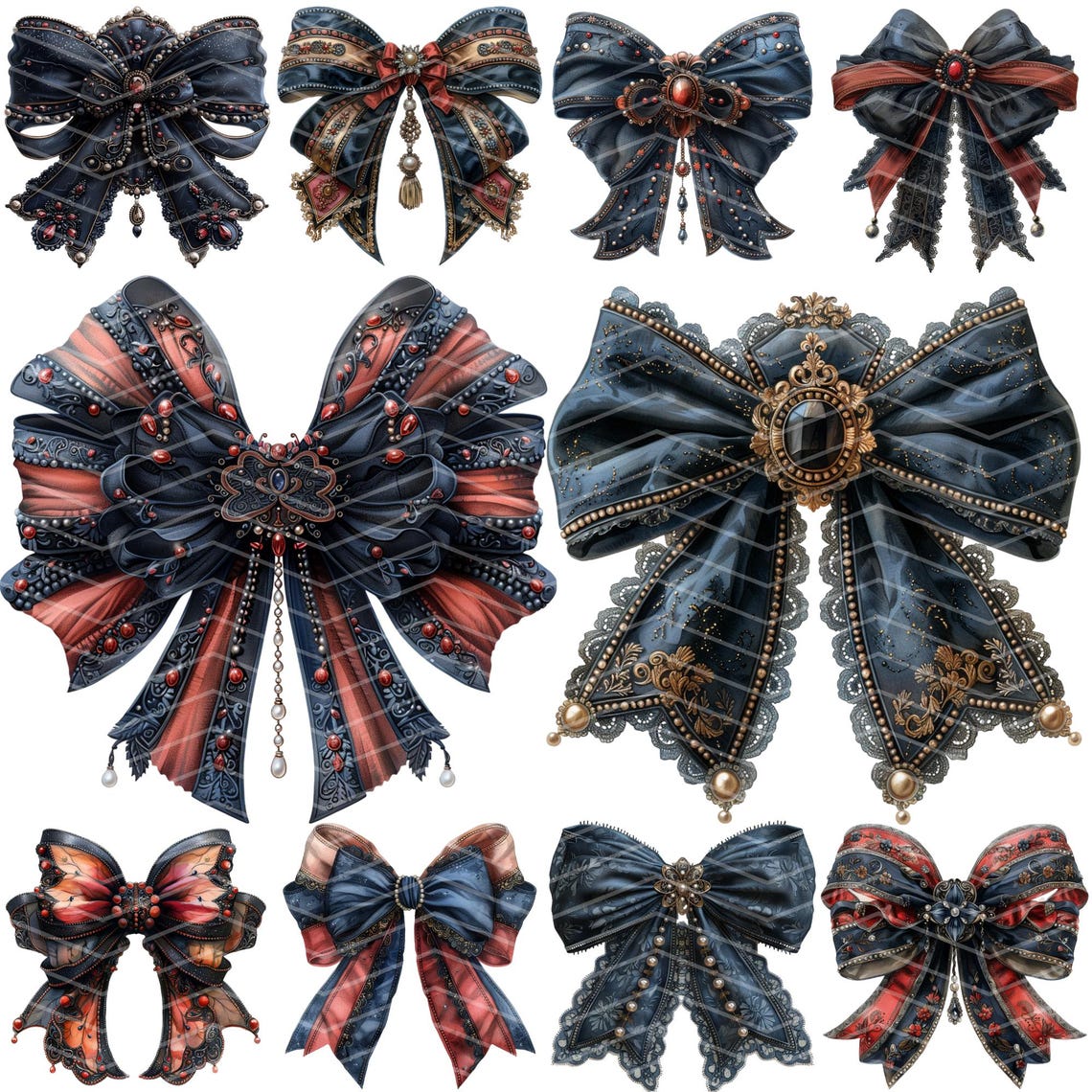 Gothic Bow PNG Set of 25 Clipart Images, Goth Ribbon Digital Art for ...