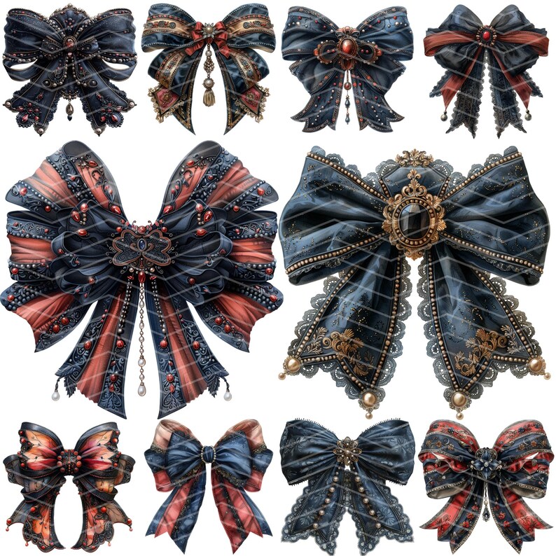 Gothic Bow PNG Set of 25 Clipart Images, Goth Ribbon Digital Art for ...