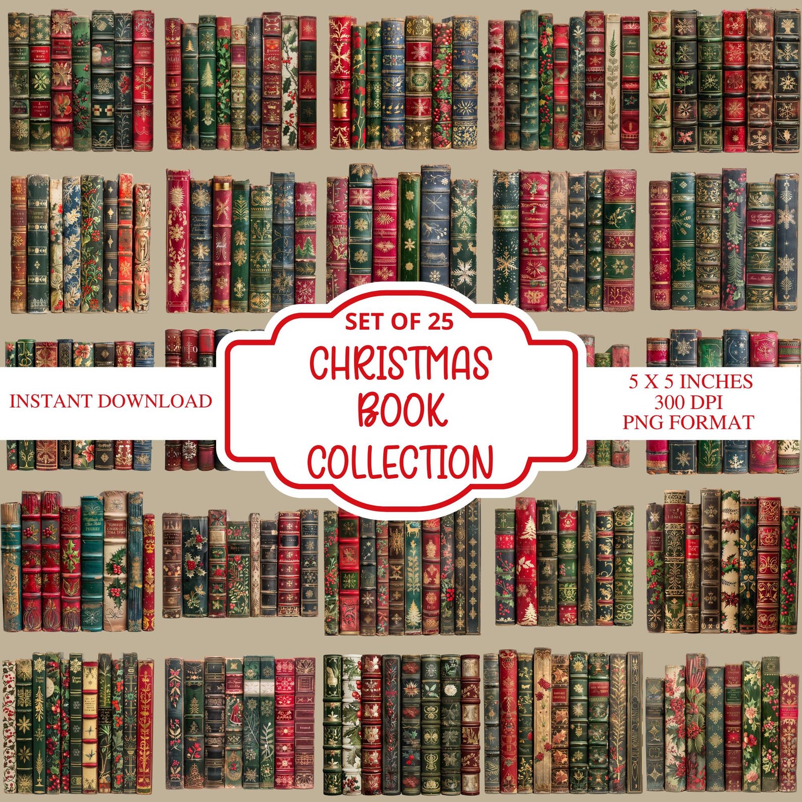 Festive Christmas Book Spines PNG Clipart Set, 25 Realistic Holiday ...