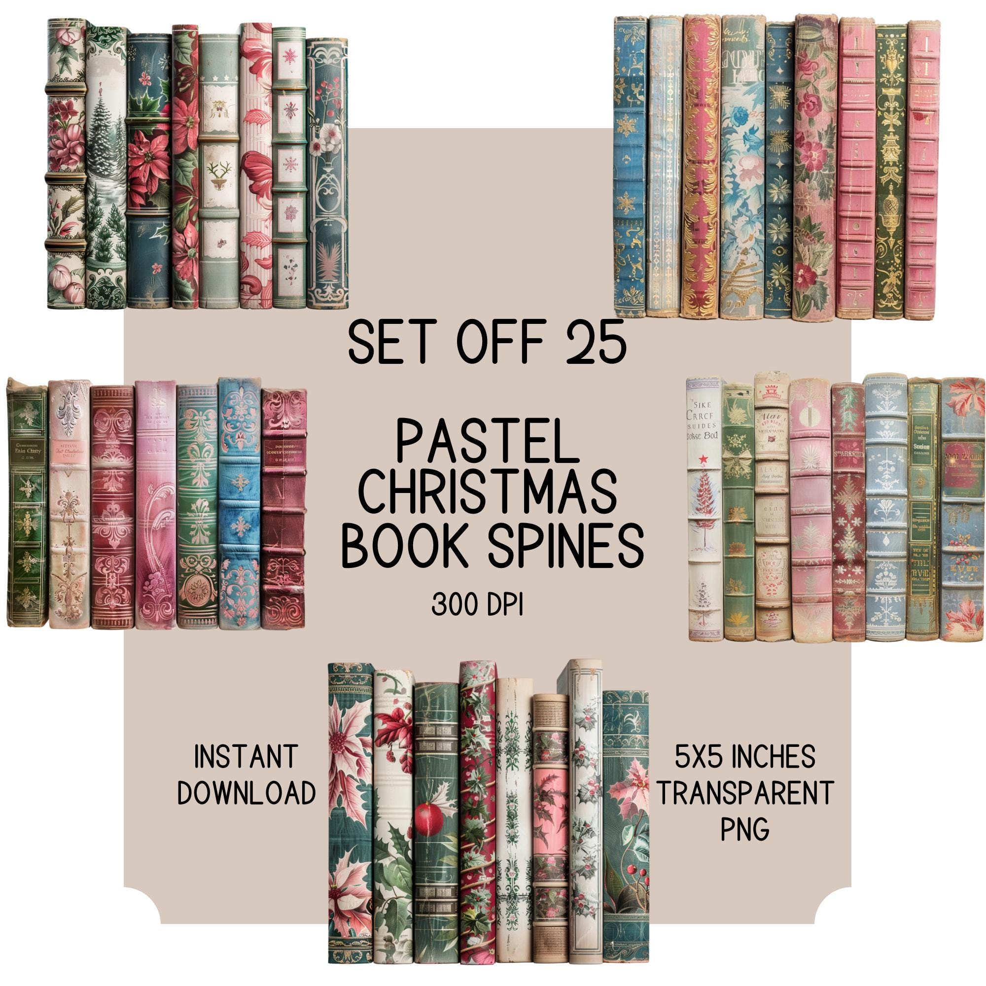 Pastel Christmas Book Spine Clipart PNG, Bundle of 25, Festive Spine ...