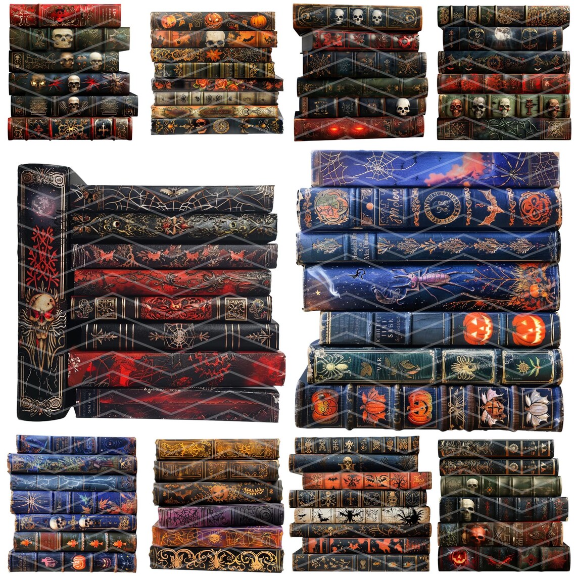 Halloween Book Spine Clipart: Spooky Skull Book Stack PNG (digital ...