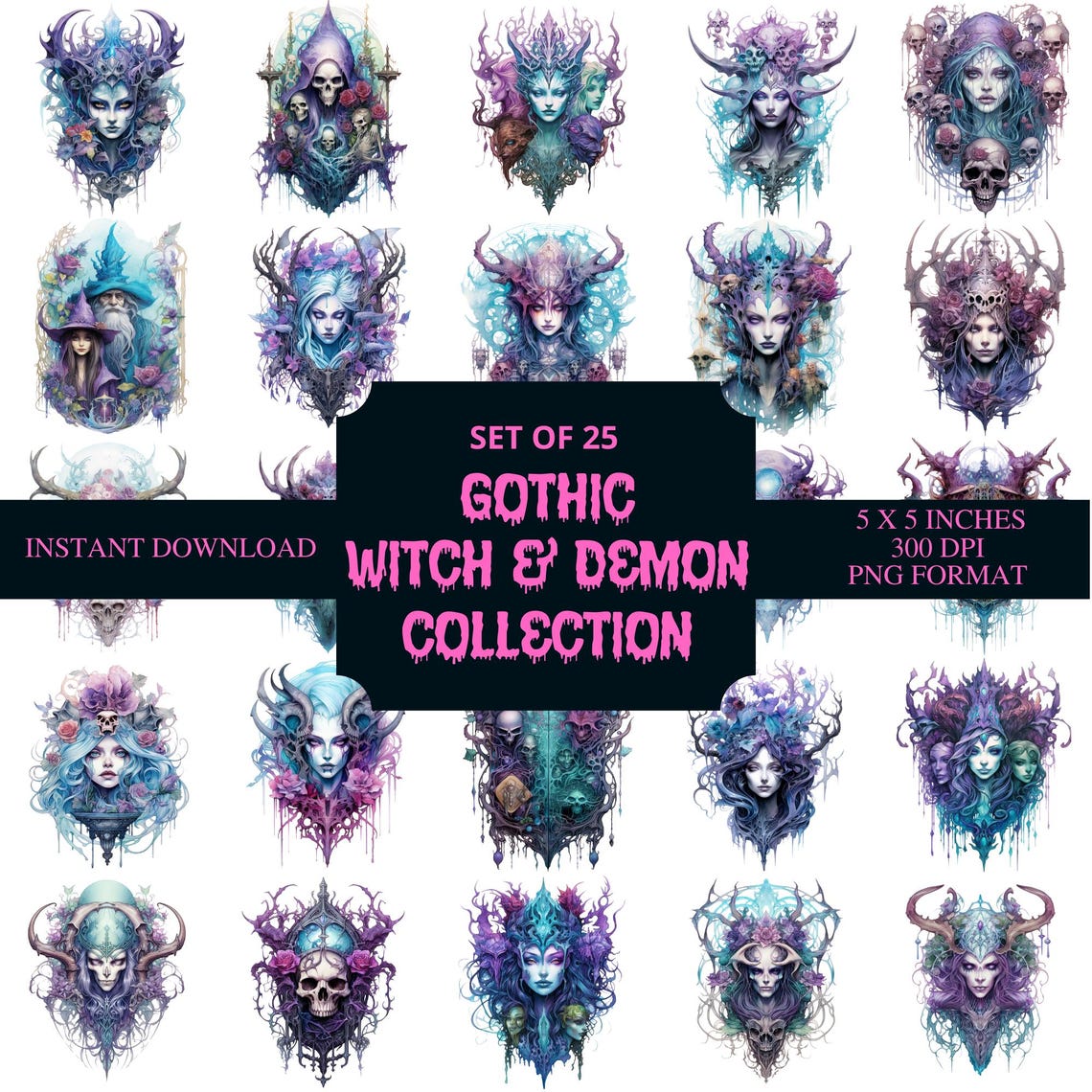 Gothic Witch & Demon Watercolor PNG Clipart Bundle of 25 Images, Dark ...
