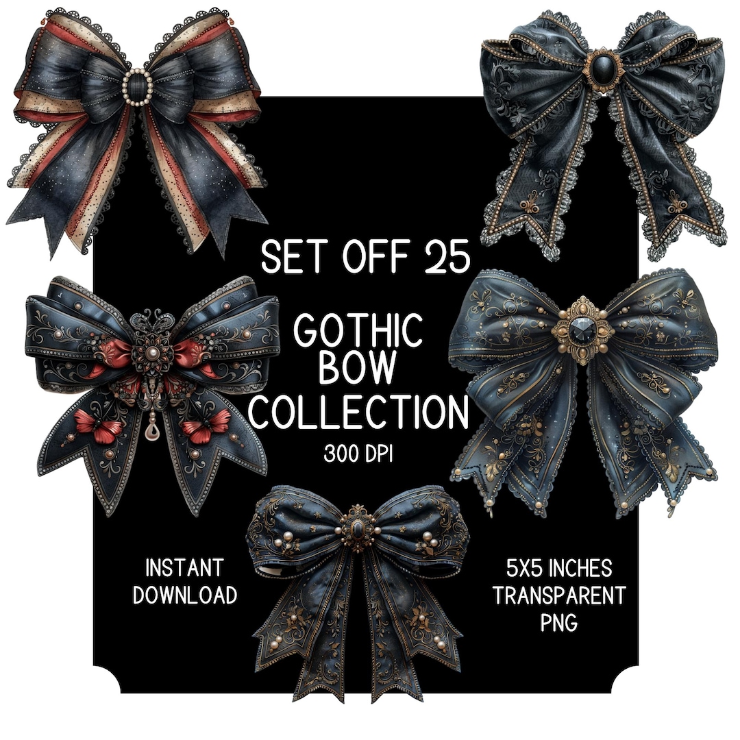 Gothic Bow PNG Set of 25 Clipart Images, Goth Ribbon Digital Art for ...