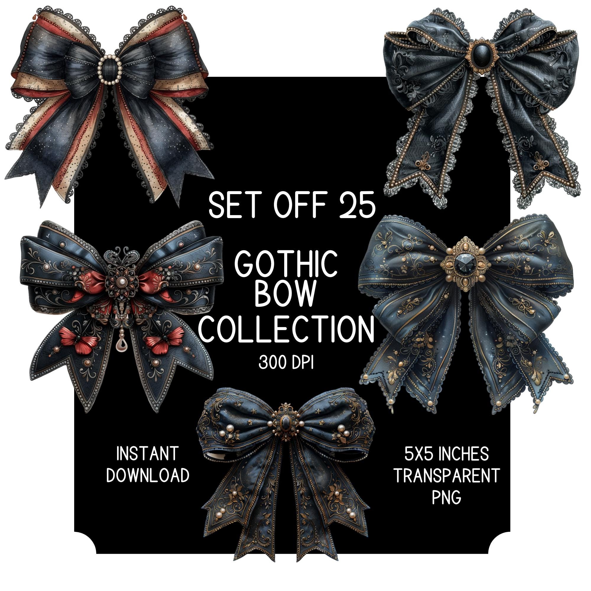 Gothic Bow PNG Set of 25 Clipart Images, Goth Ribbon Digital Art for ...