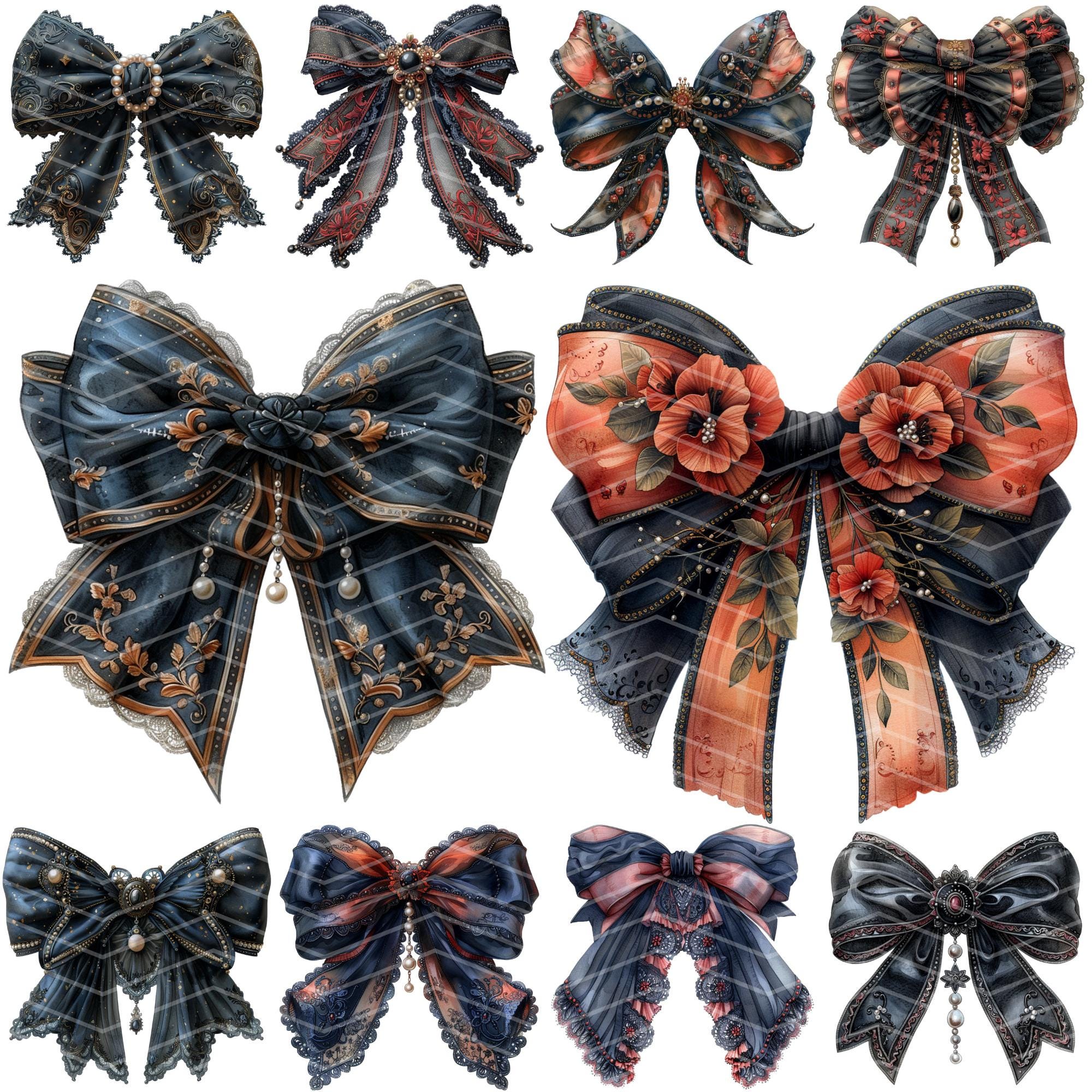 Gothic Bow PNG Set of 25 Clipart Images, Goth Ribbon Digital Art for ...