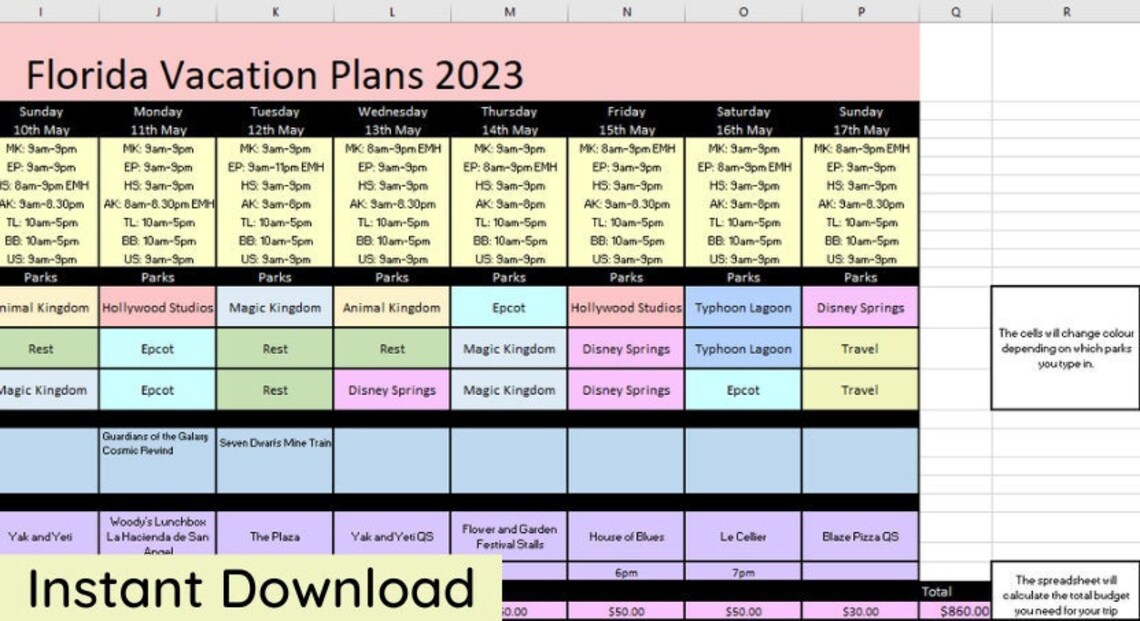 Florida Vacation Trip Spreadsheet Planner Template Itinerary Disney ...