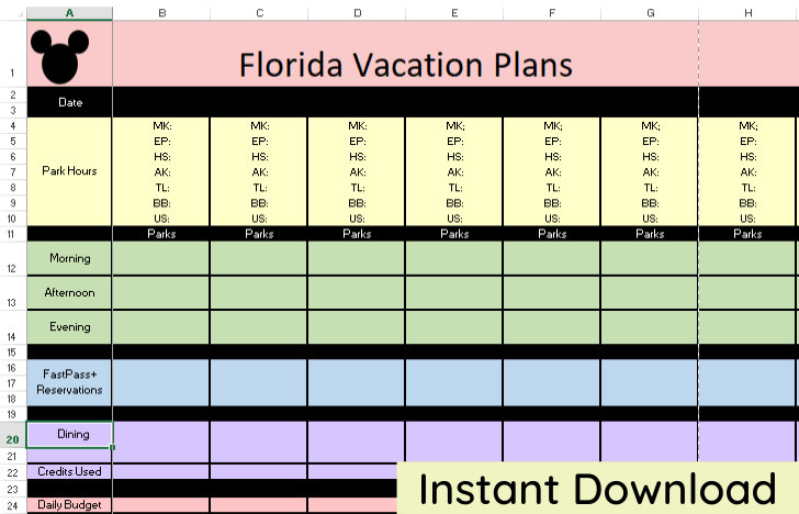 Florida Vacation Spreadsheet Planner Template Itinerary Disney - Etsy