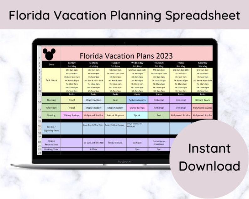 Florida Vacation Trip Spreadsheet Planner Template Itinerary Disney ...