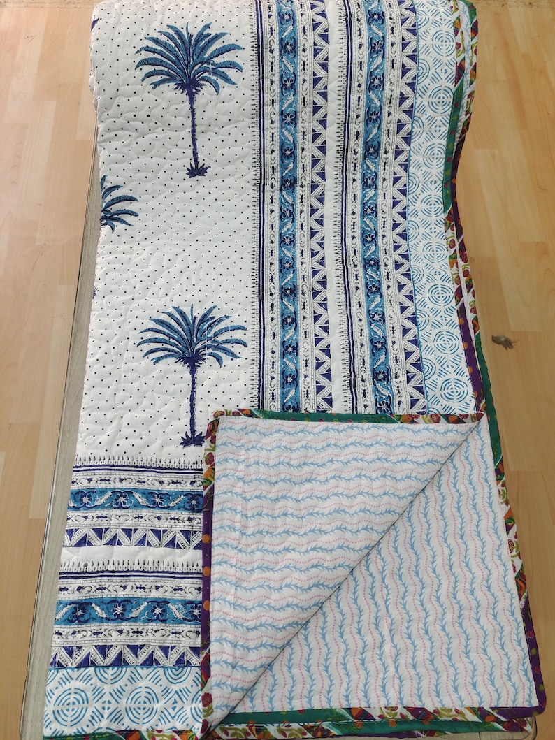 Hand Block Print Quilt Palm Tree Design With Two Matching | Etsy