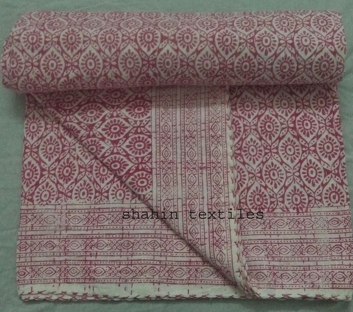 Hand Block Print Kantha Quilt Pure Cotton Bedspread - Etsy