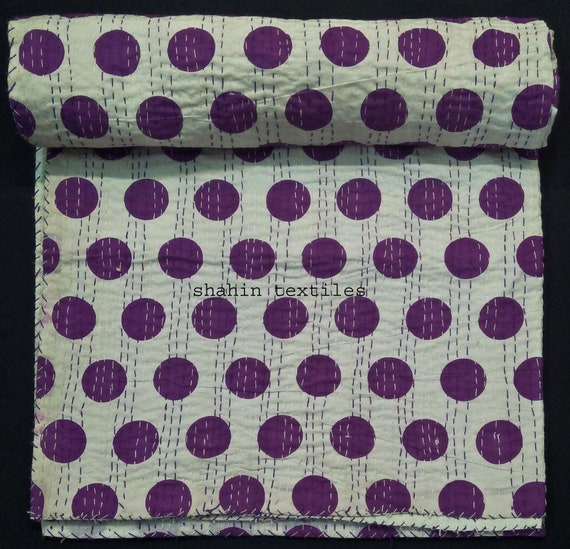 Hand Block Print Kantha Quilt Polka Dot Purple Kantha | Etsy