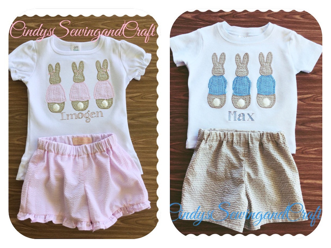 Siblings Matching Easter Outfits. Appliquéd Bunnies in Seersucker ...