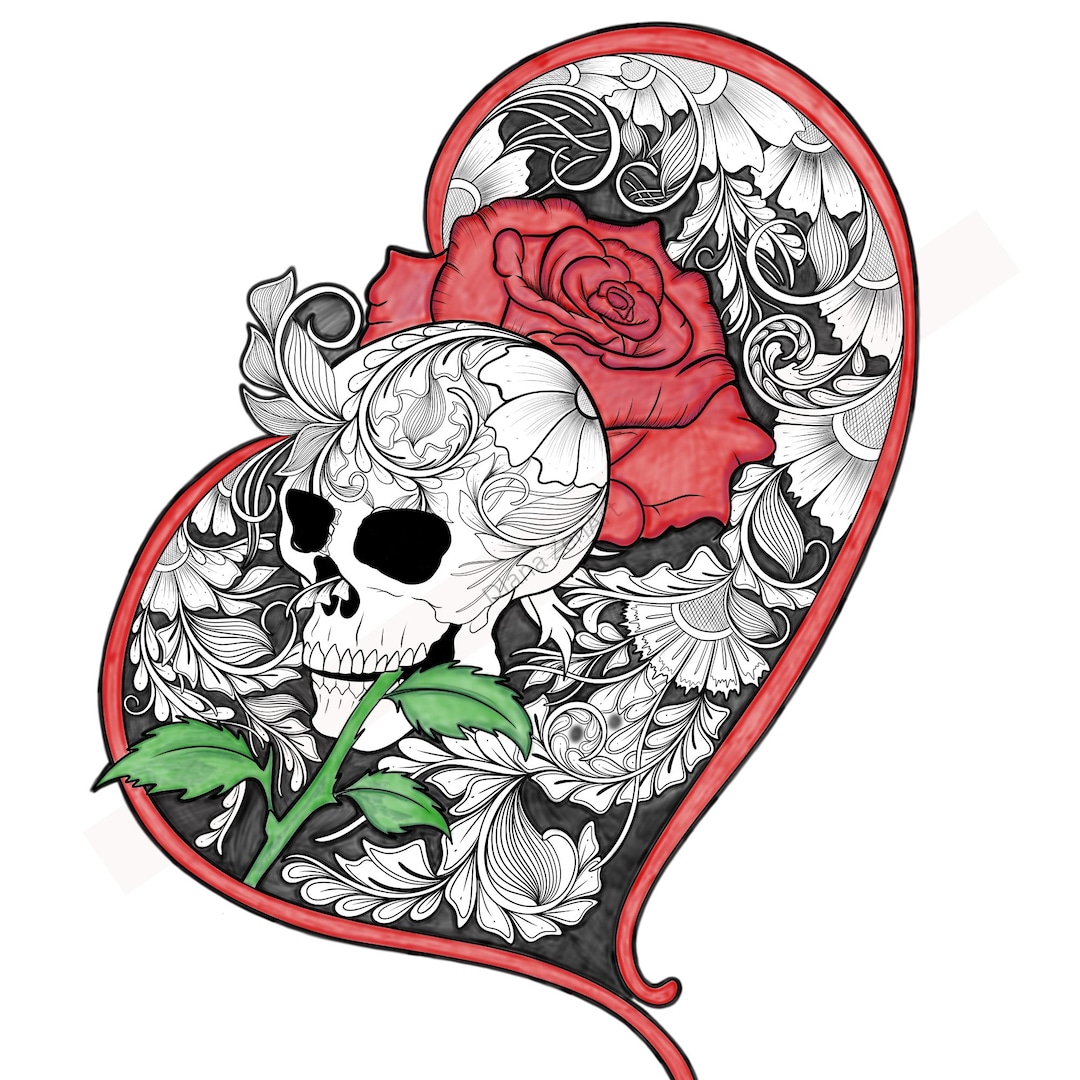 Gothic Skull and Rose Tattoo Design: Floral Heart Line Art (PDF) - Etsy